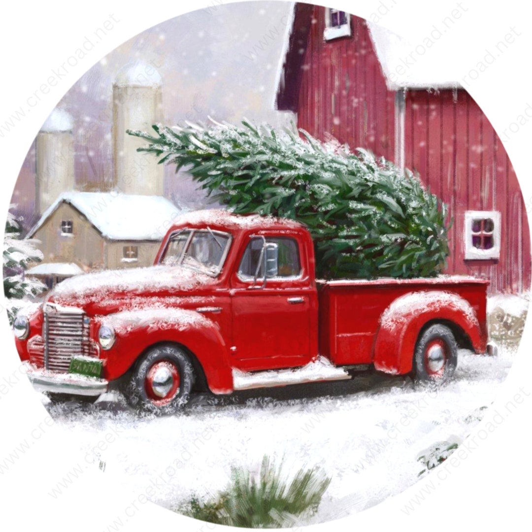 Red Farm Truck Christmas Tree Barn Wreath Sign-sublimation-round ...