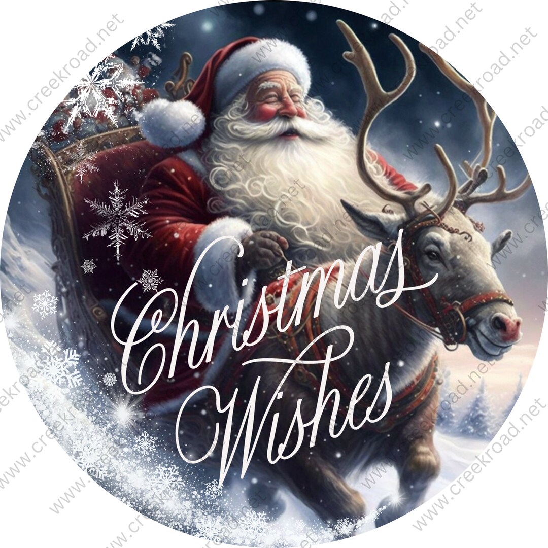 Christmas Wishes Santa Rudolph Racing Through Snow Wreath Sign ...