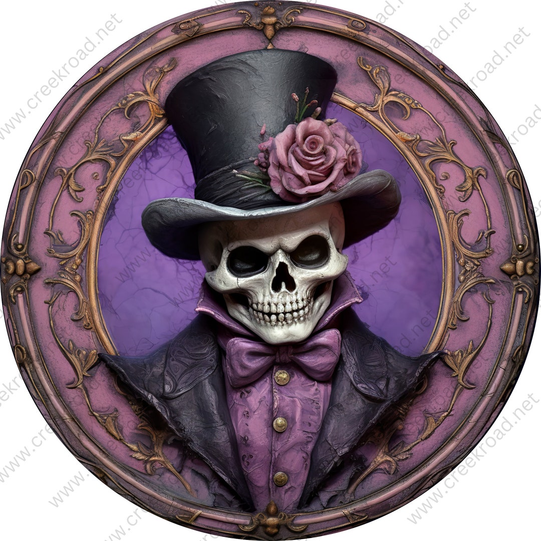 Skeleton Purple Black Tuxedo Black Top Hat Picture Frame Wreath Sign ...