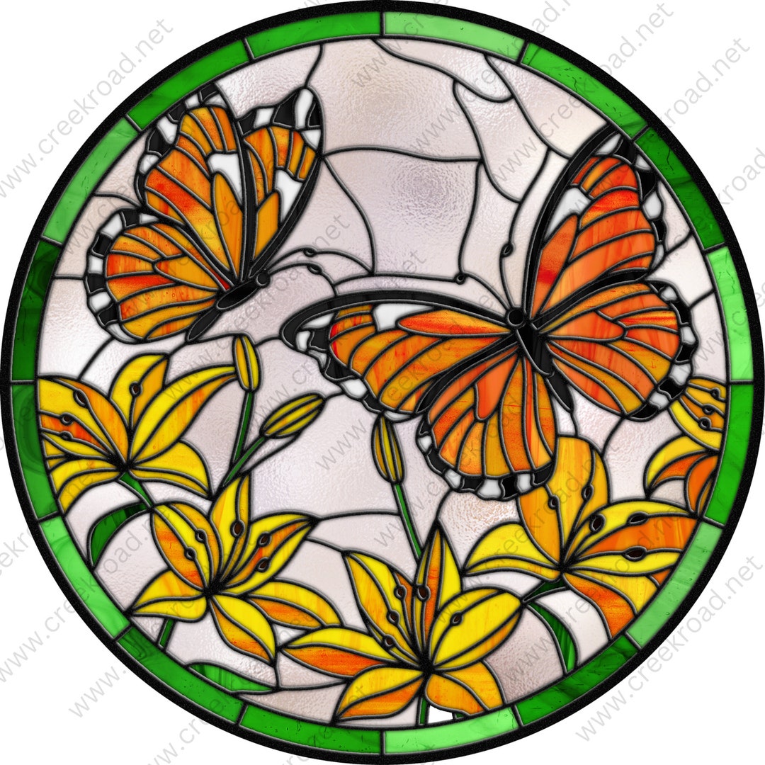 Spring Monarch Butterflies Flying Faux Stained Glass Wreath Sign-yellow ...