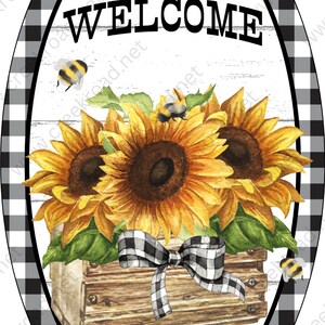 Welcome Sunflowers in Planter Box Bumble Bees on Black White Gingham ...