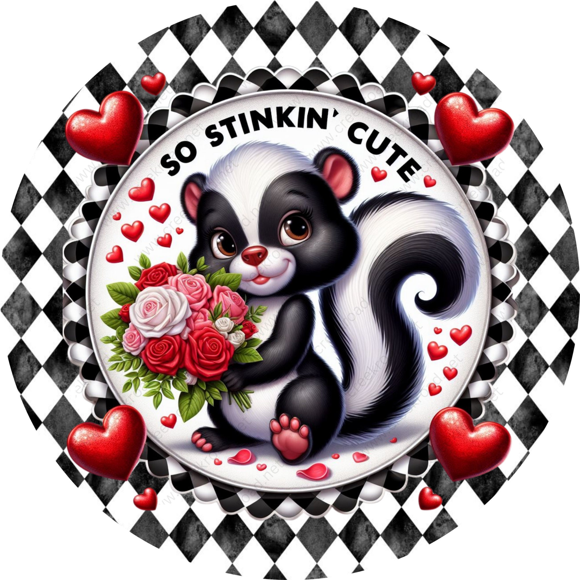 So Stinkin Cute Skunk With Roses Red Hearts Wreath Sign-aluminum ...