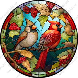 Vibrant Set of Red Cardinals in Holly Bush Faux Stained Glass Wreath ...