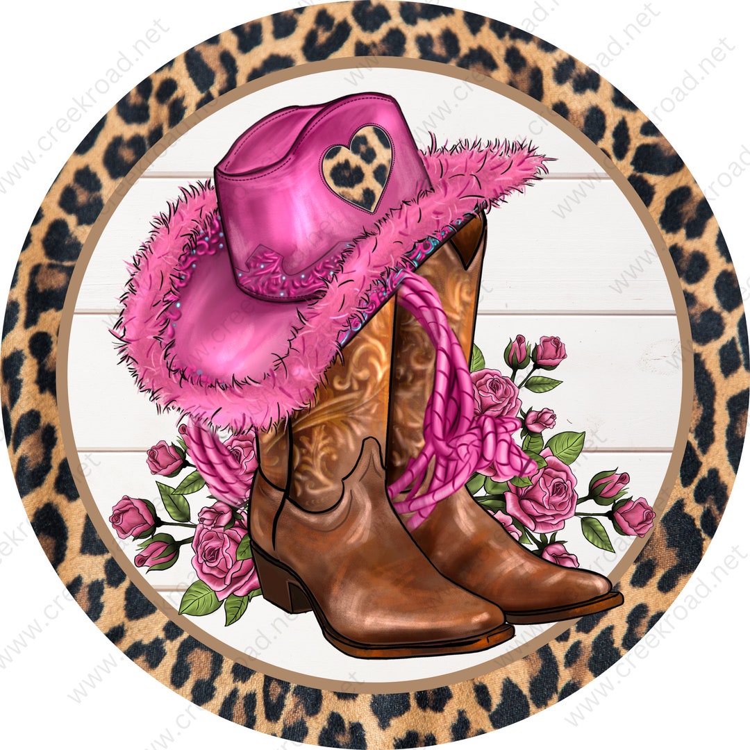 Sassy Pink Cowgirl Hat Lasso Roses and Boots With Leopard Print Border ...