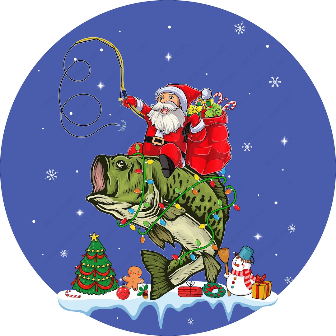 Santa Claus Bass Fishing Wreath Sign-sublimation-round-christmas-winter ...