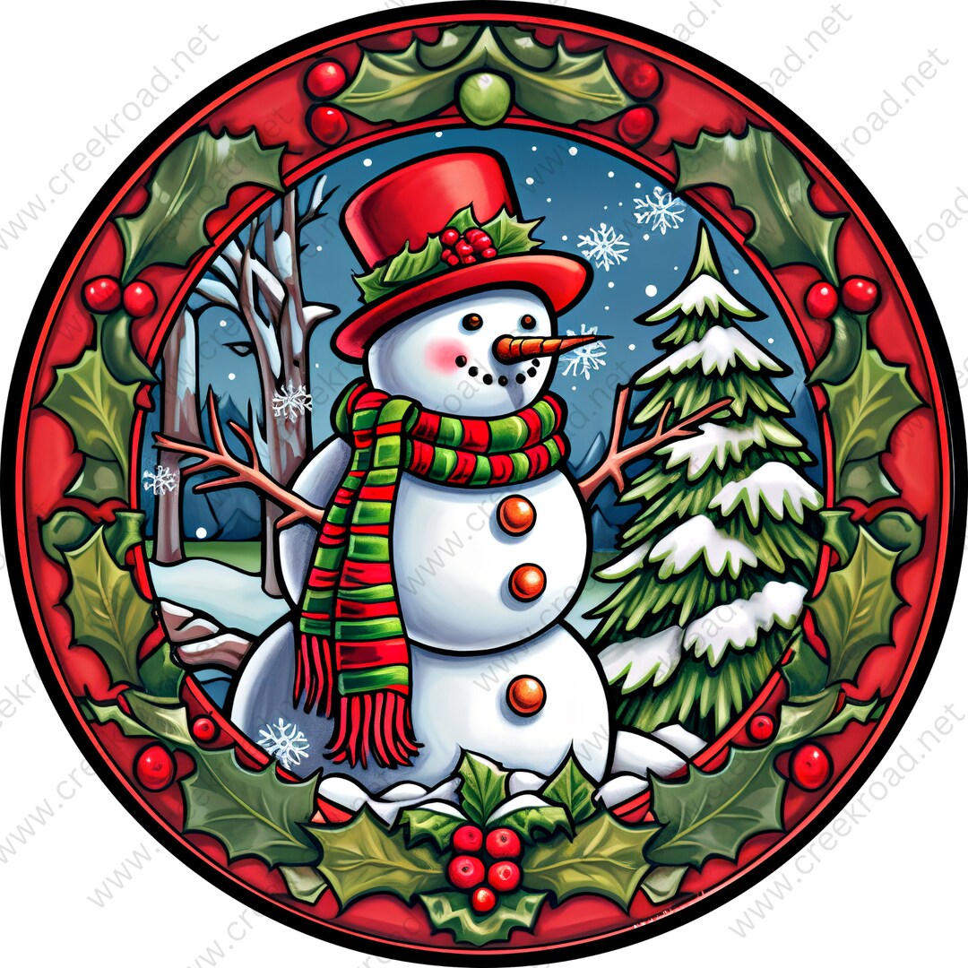 Christmas Snowman Red Green Holly Border Snowwreath Sign-sublimation ...