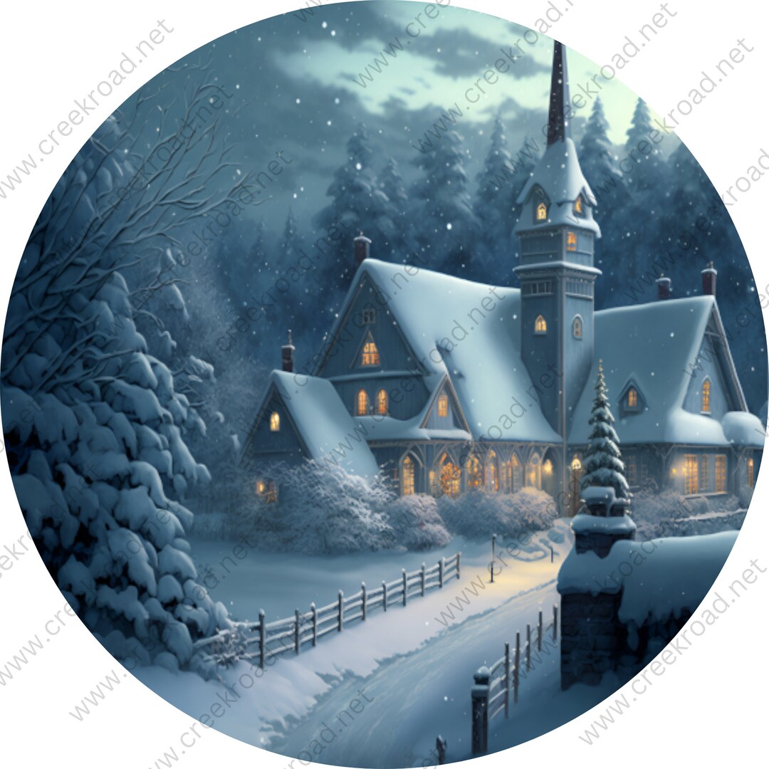 Snowy Winter Church Wreath Sign-sublimation-round-christmas-decor - Etsy