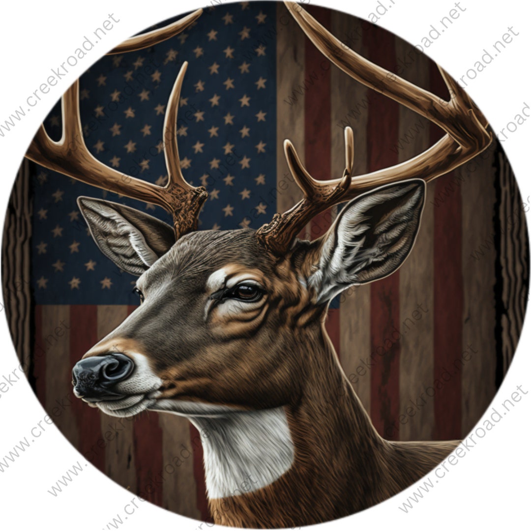White Tail Buck Deer With American Flag Background Wreath Sign-round ...