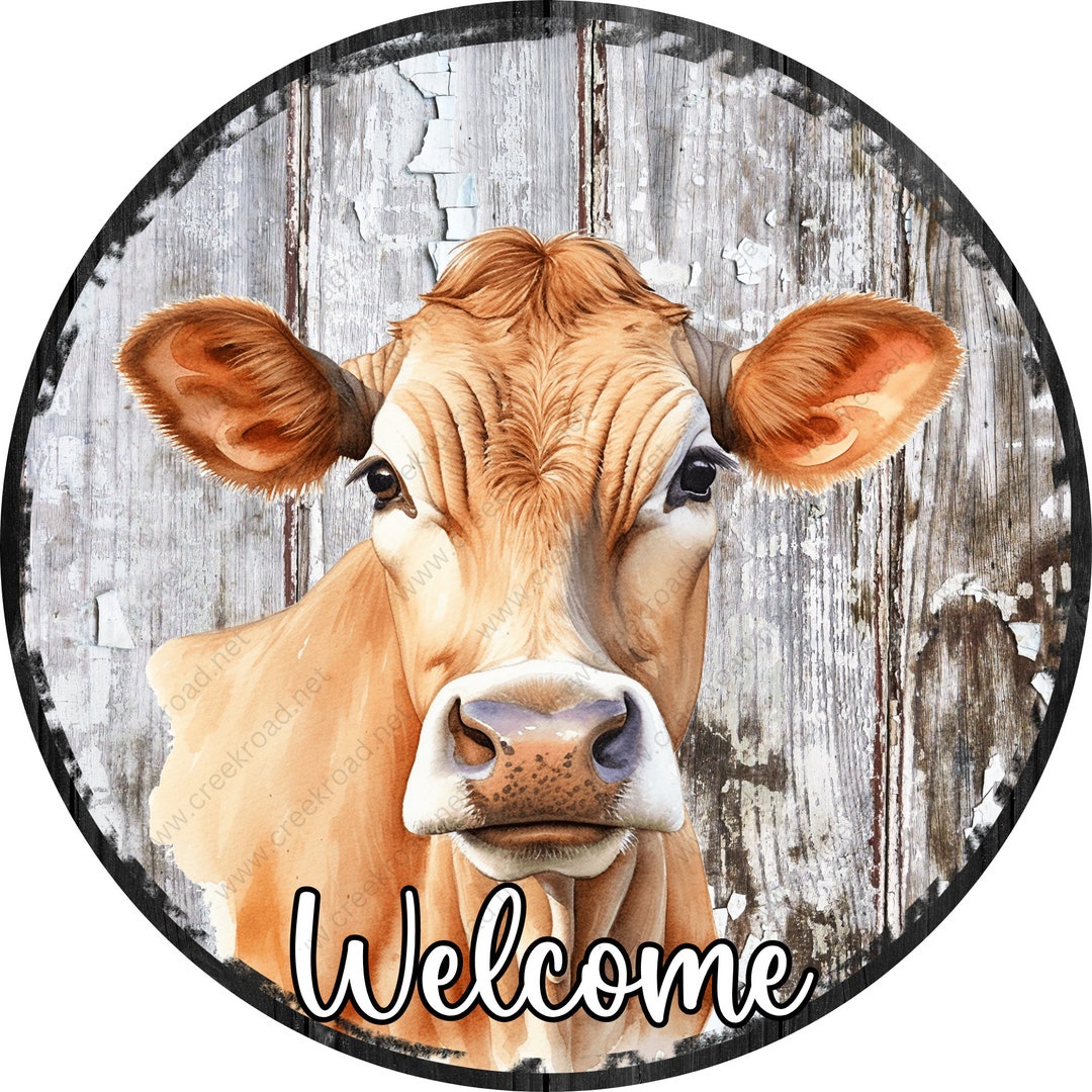 Welcome Brown Jersey Cow Wreath Sign-round-farm-western-sublimation ...