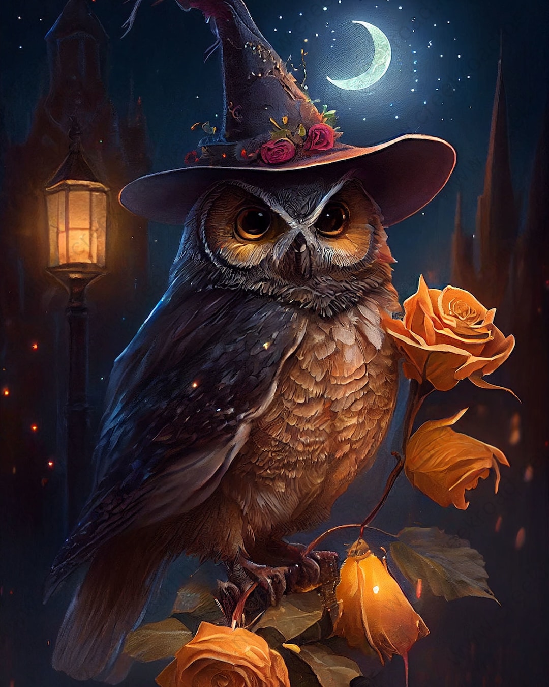 Halloween Witchy Owl Under Crescent Moon Orange Rose Wreath Sign ...