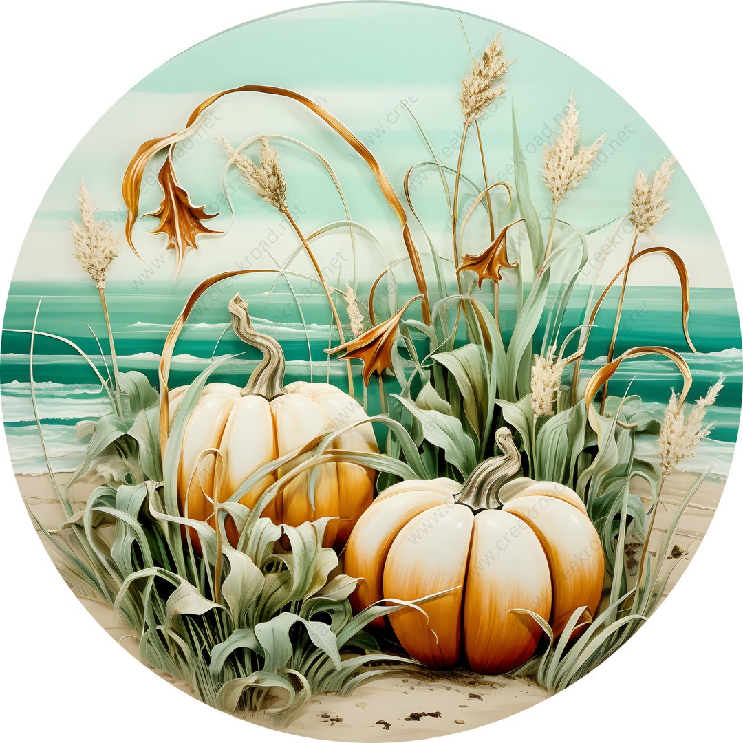 Beach Fall Pumpkins in the Sand Wreath Sign-sublimation-round-fall ...
