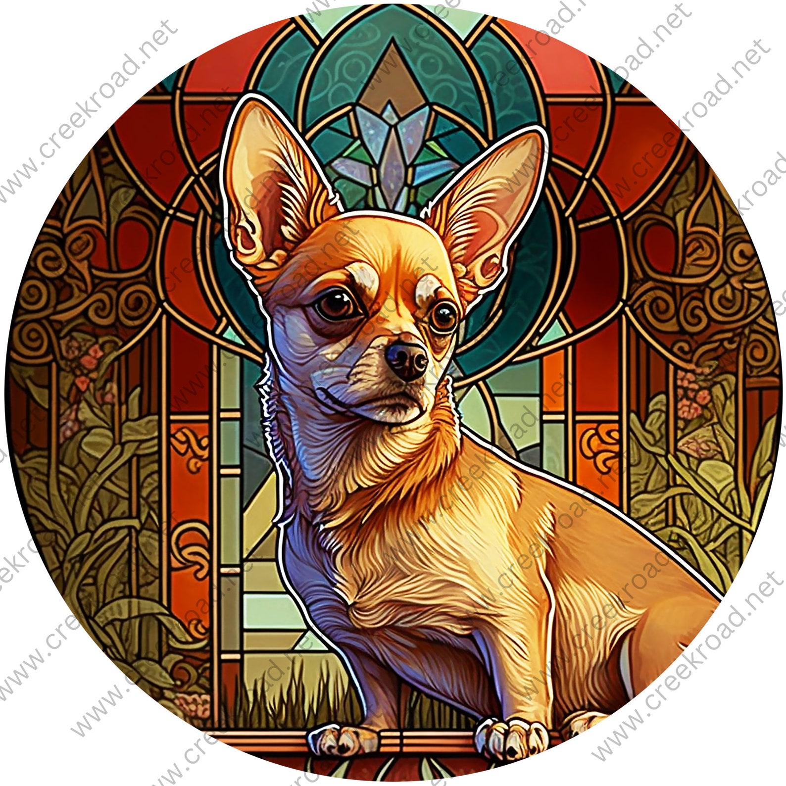 Brown Chihuahua FAUX Stained Glass Wreath Sign-round-everyday-spring ...
