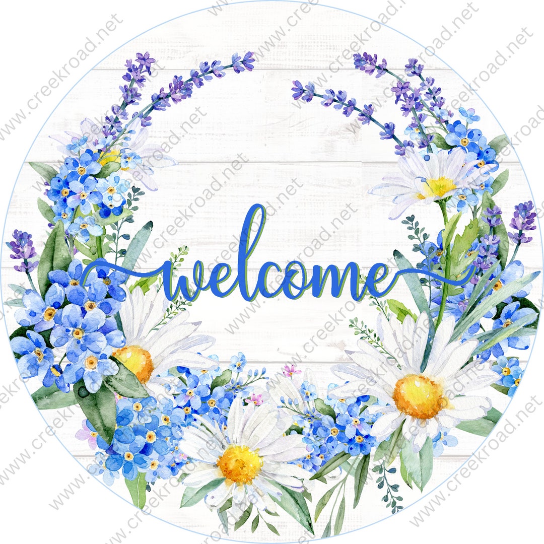 Welcome With Blue Purple Florals Daisies on Shiplap Background Wreath ...