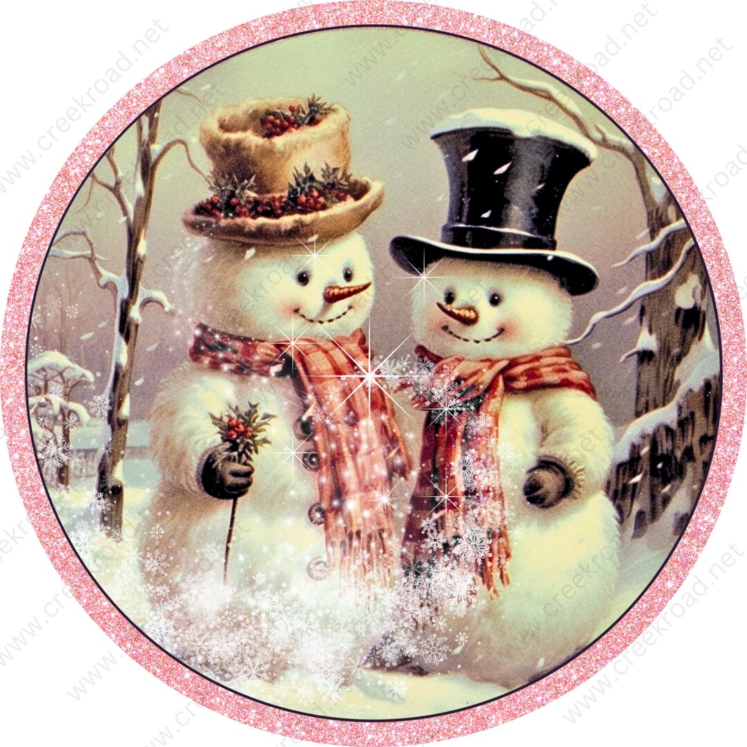 Retro Snowmen Pink Glitter Border Wreath Sign-sublimation-round ...