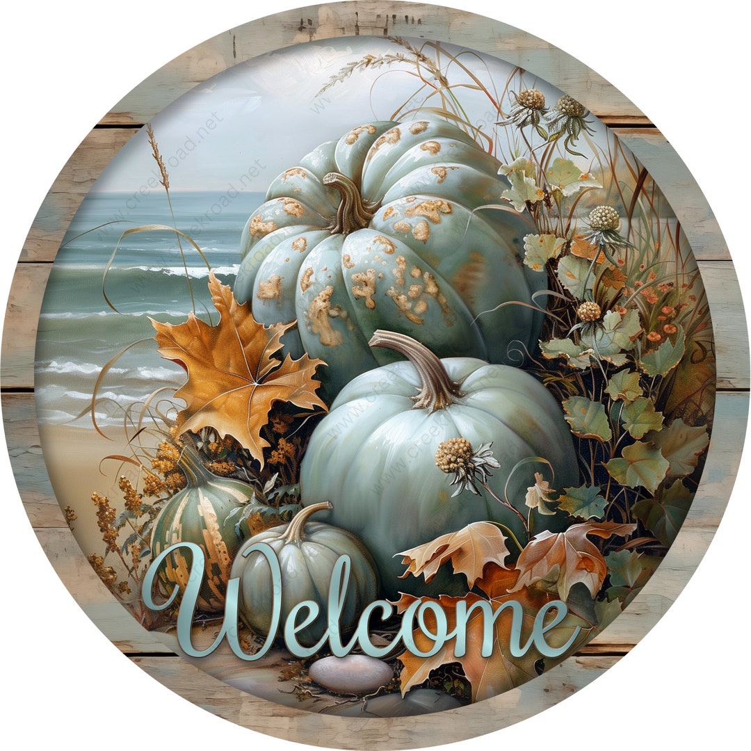 Welcome Seafoam Green Pumpkins Fall Leaves Wreath Sign-sublimation ...