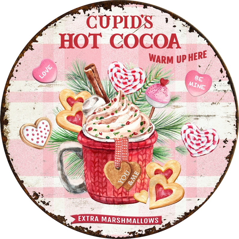 Cupid's Hot Cocoa Rusted Border Wreath Sign-aluminum-valentines-decor ...