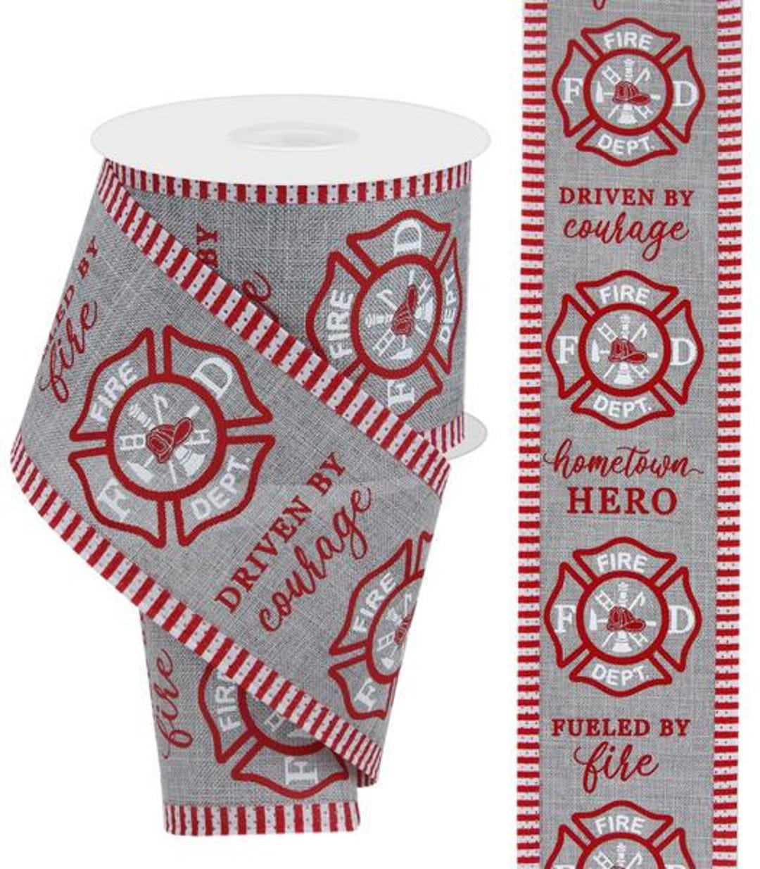 2.5" X 10yd Wired Ribbon-fire Badge/horizontal Lines-lt Grey/white/red ...