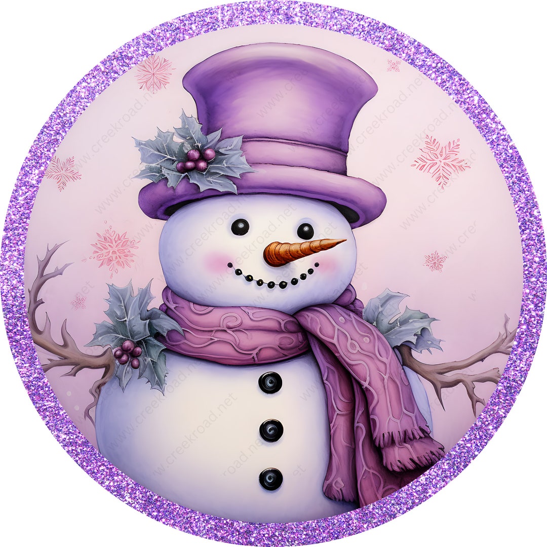Christmas Snowman Purple Hat Scarf With Glitter Border Wreath Sign ...