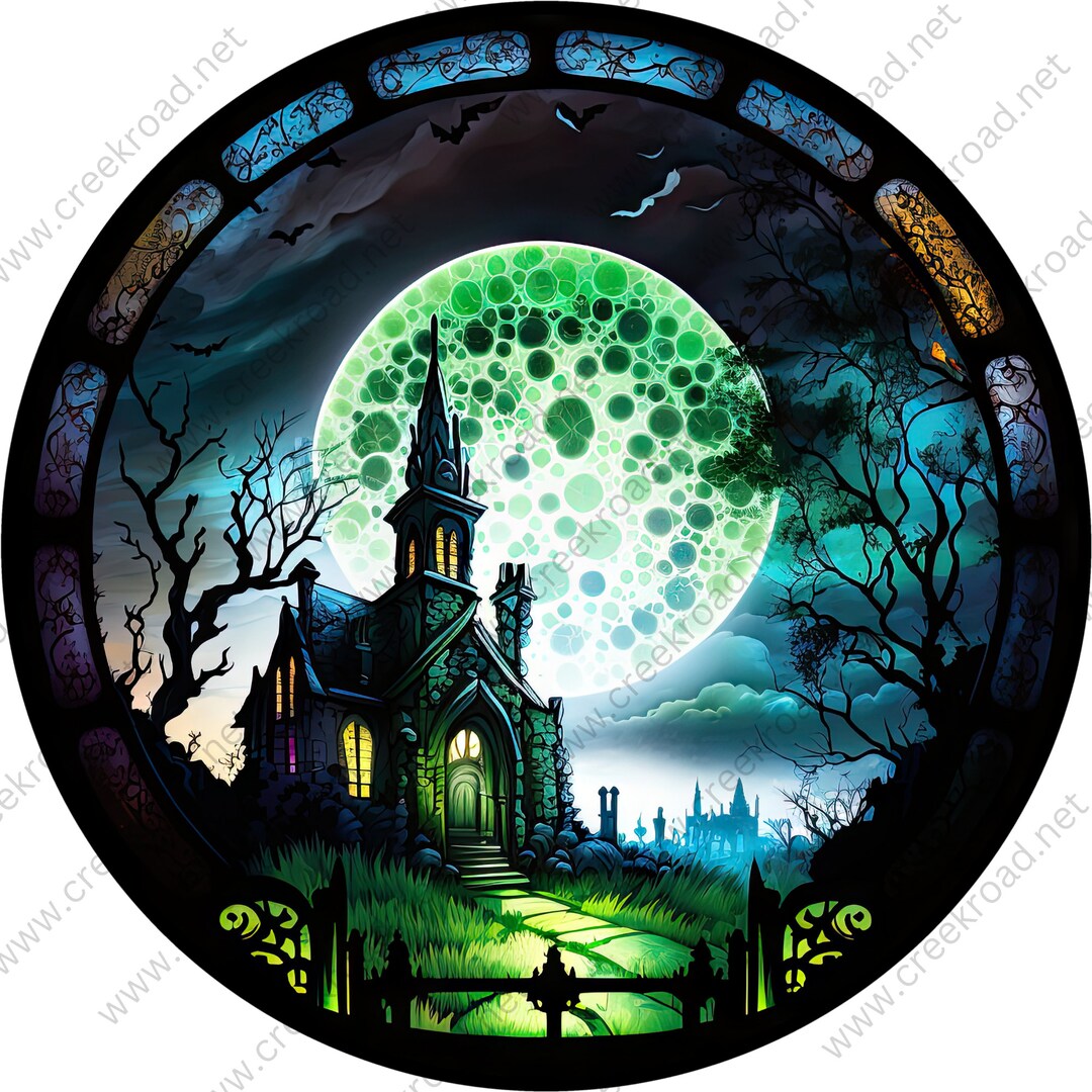 Spooky Haunted House Green Moon Ornate Border Wreath Sign-halloween ...