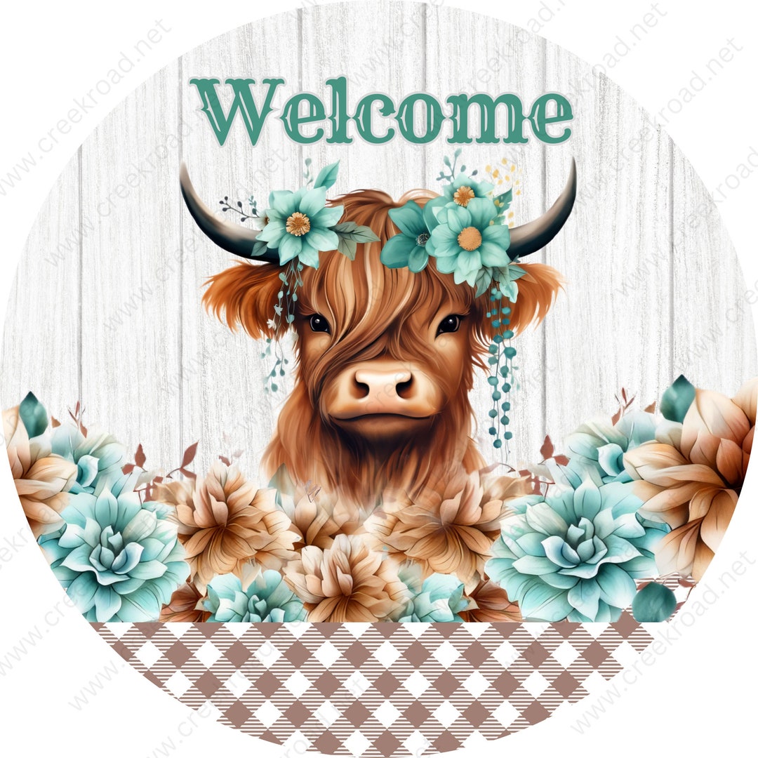 Welcome Highland Cow Brown Checkered Wreath Sign-sublimation-spring ...