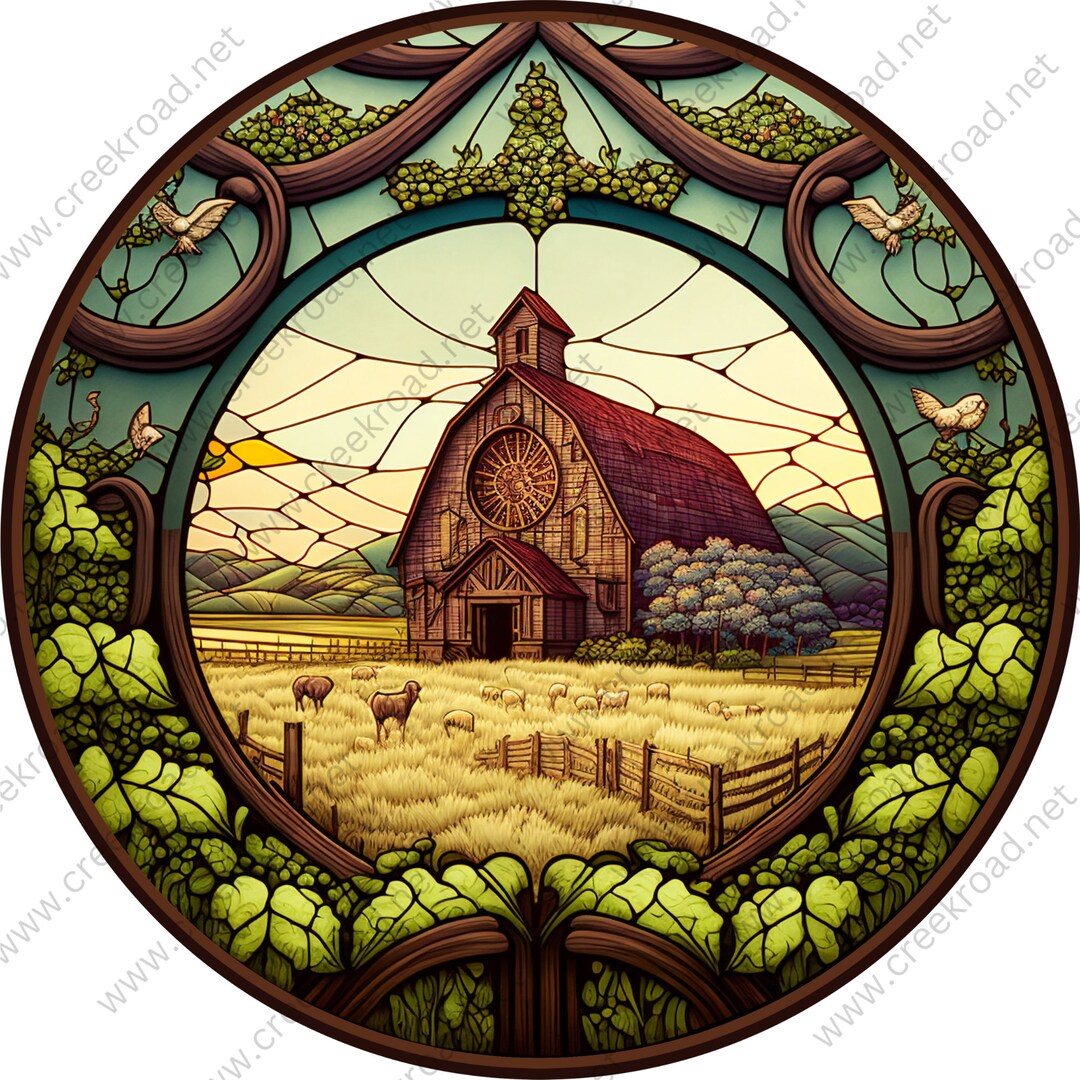 Vintage Barn With Grazing Farm Animals Faux Stained Glass - Etsy