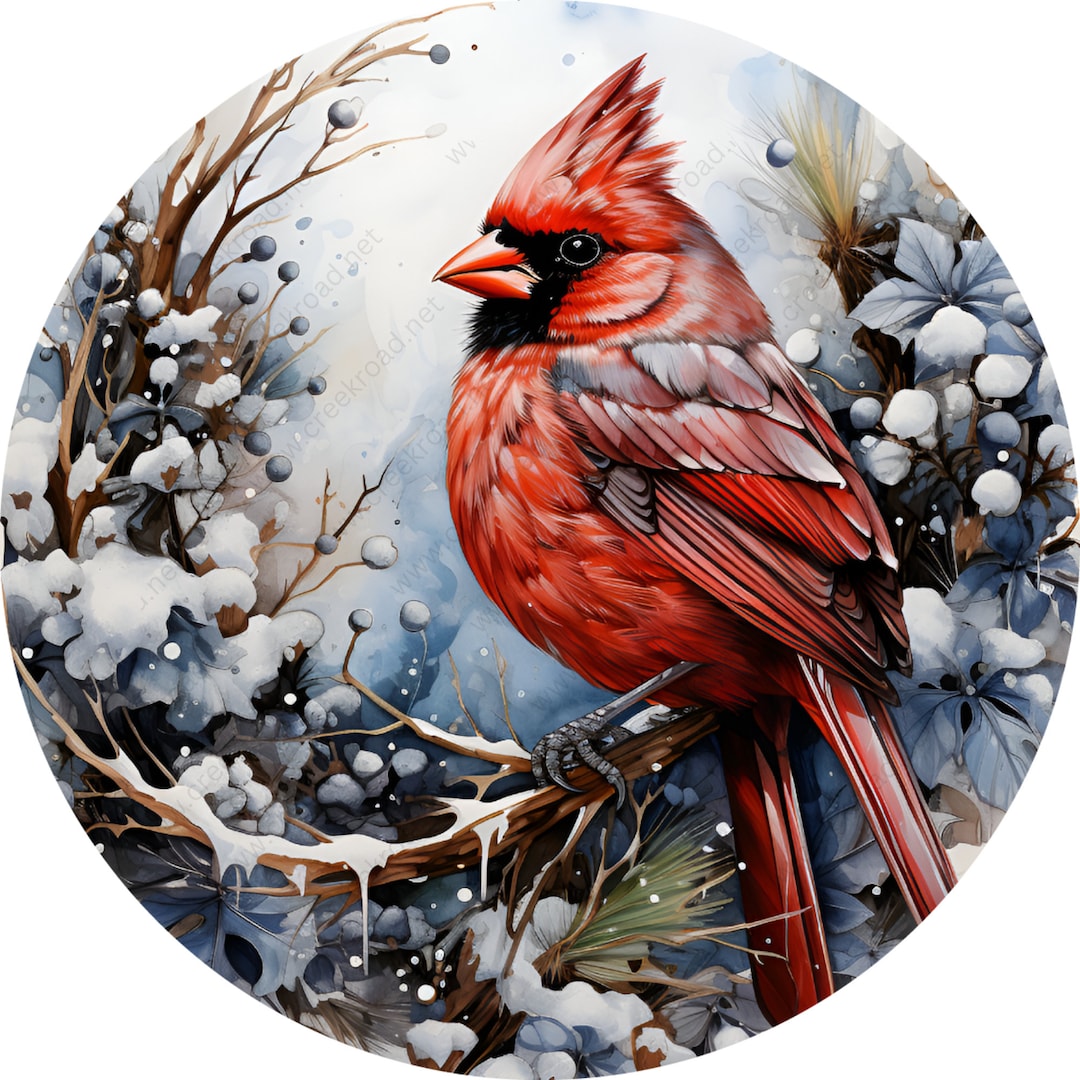 Christmas Red Cardinal in Winter Snow Wreath Sign-sublimation-round ...