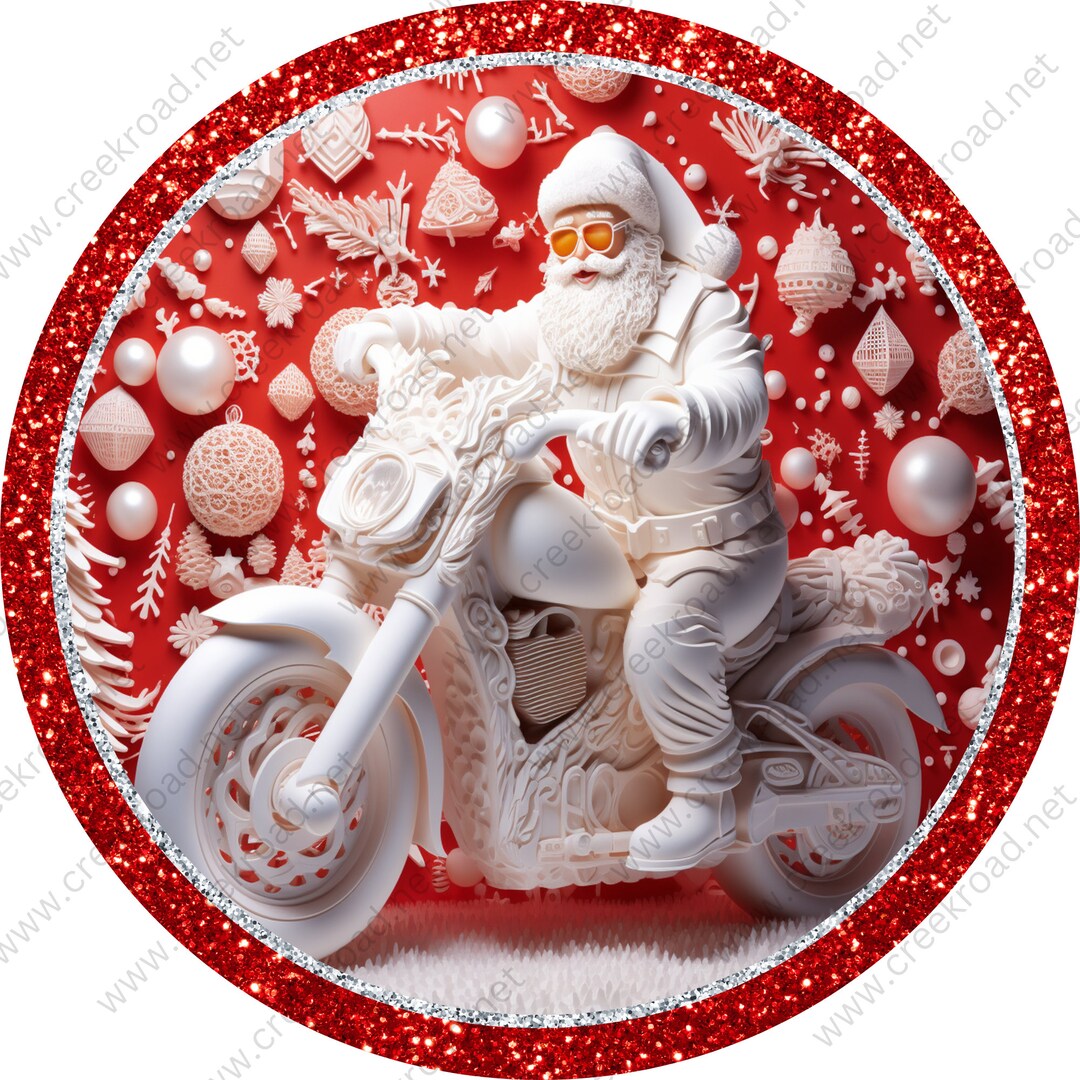 Holiday Santa Claus on Motorcycle Red Silver Glitter Border Wreath Sign ...