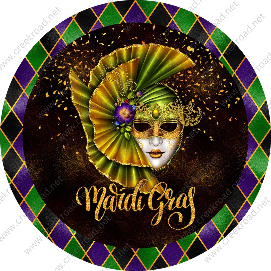 Mardi Gras Golden Mask of Glitter Confetti Wreath Sign-round-green ...