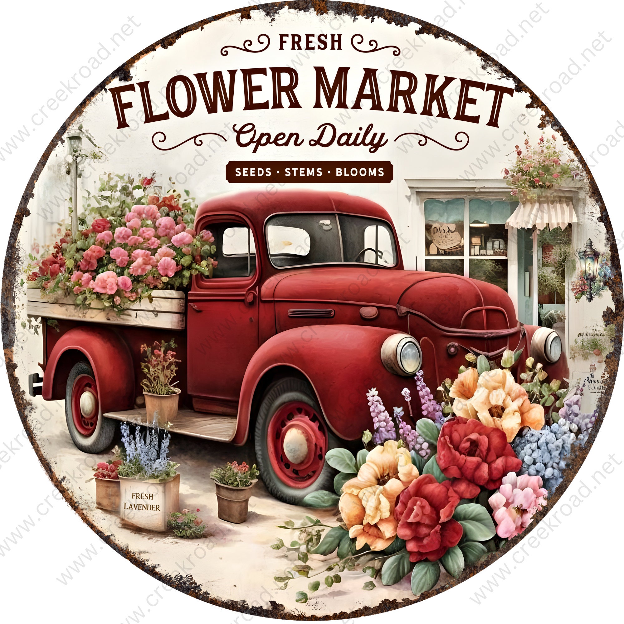 Vintage Red Truck Flower Market With Faux Rusted Border Wreath Sign ...