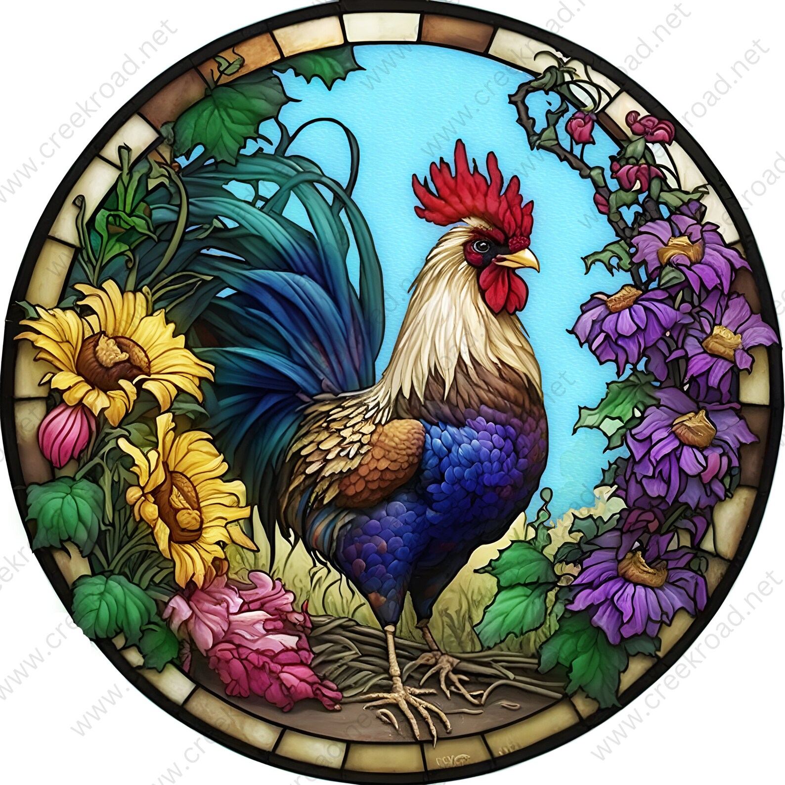 Colorful Rooster Sunflower Purple Florals Faux Stained Glass Wreath ...