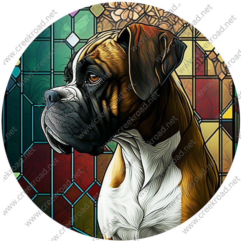 Beautiful Brown & White Boxer Faux Stained Glass Wreath Sign-dog-pets ...
