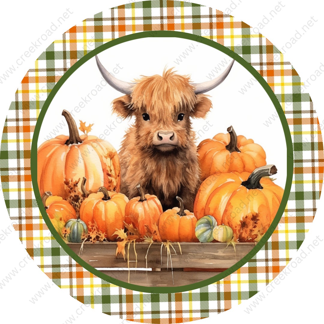 Fall Highland Cow in Pumpkin Patch Orange Green Plaid Border Wreath ...