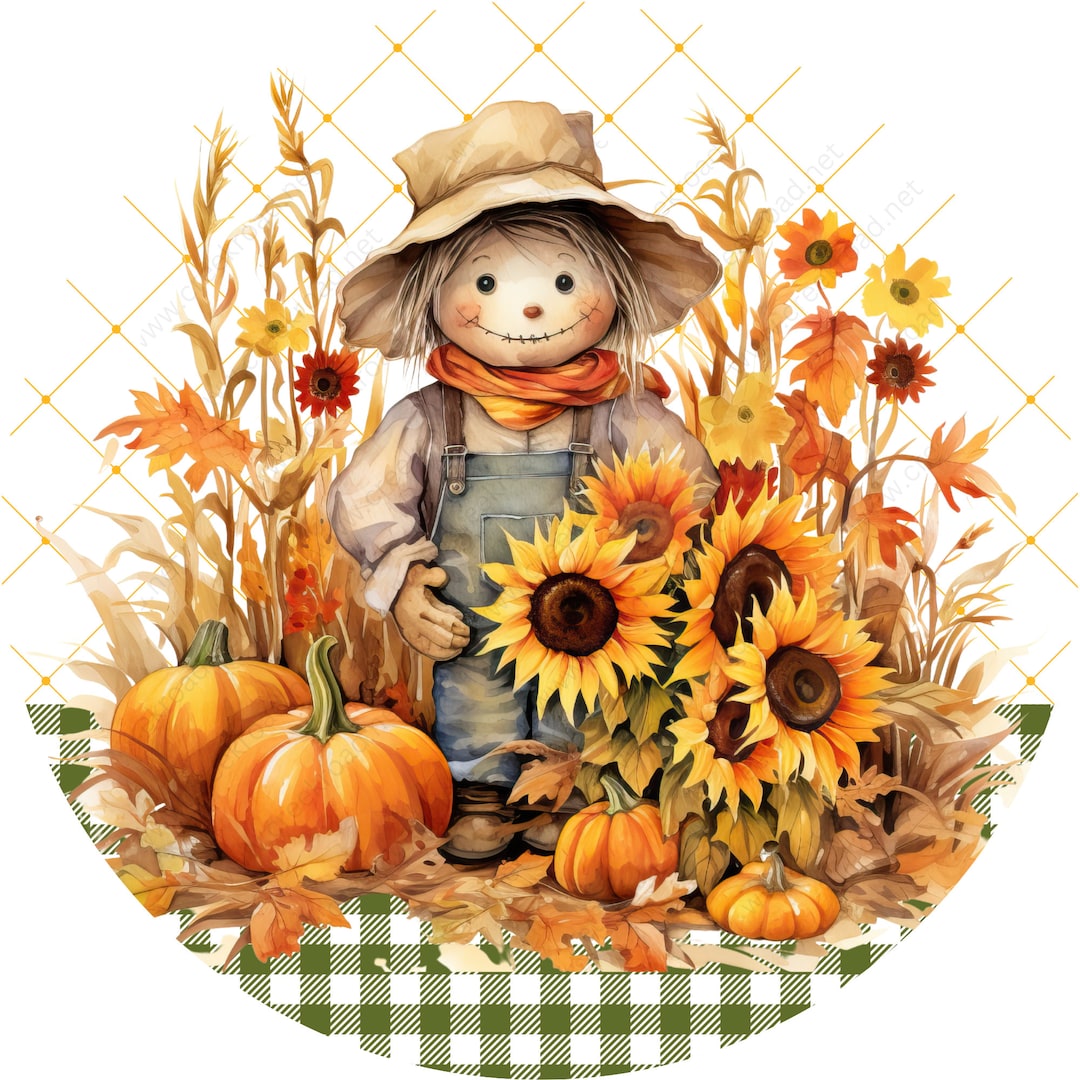 Cute Boy Scarecrow in Sunflower Pumpkin Patch Wreath Sign-fall ...