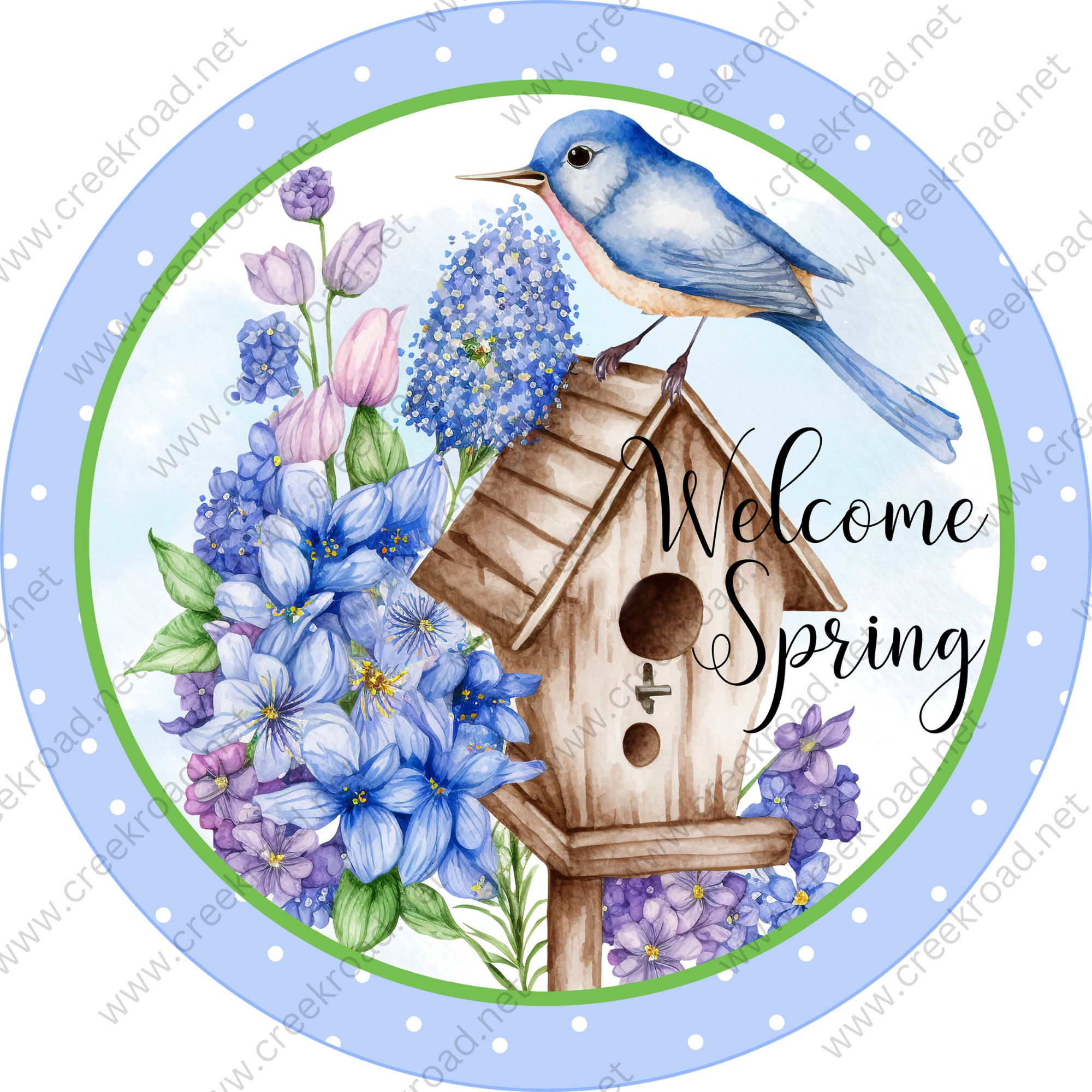 Welcome Spring Blue Bird Sits on Bird House With Blue Purple Florals ...