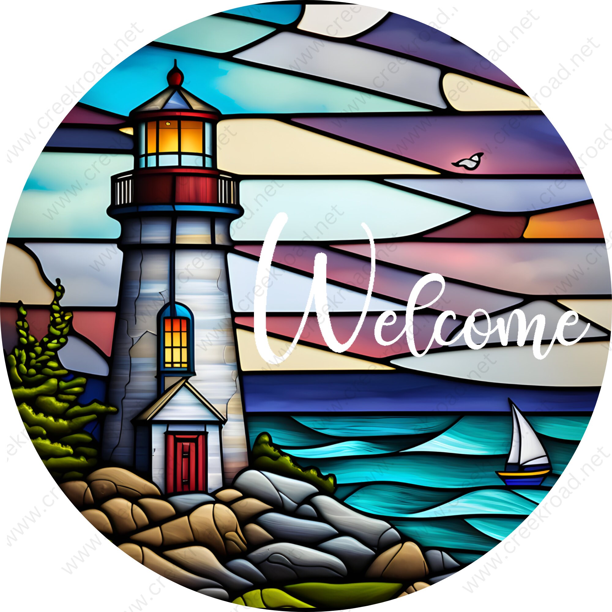 Welcome Lighthouse on Coastal Watch Sailboat Seagull Faux Stained Glass ...
