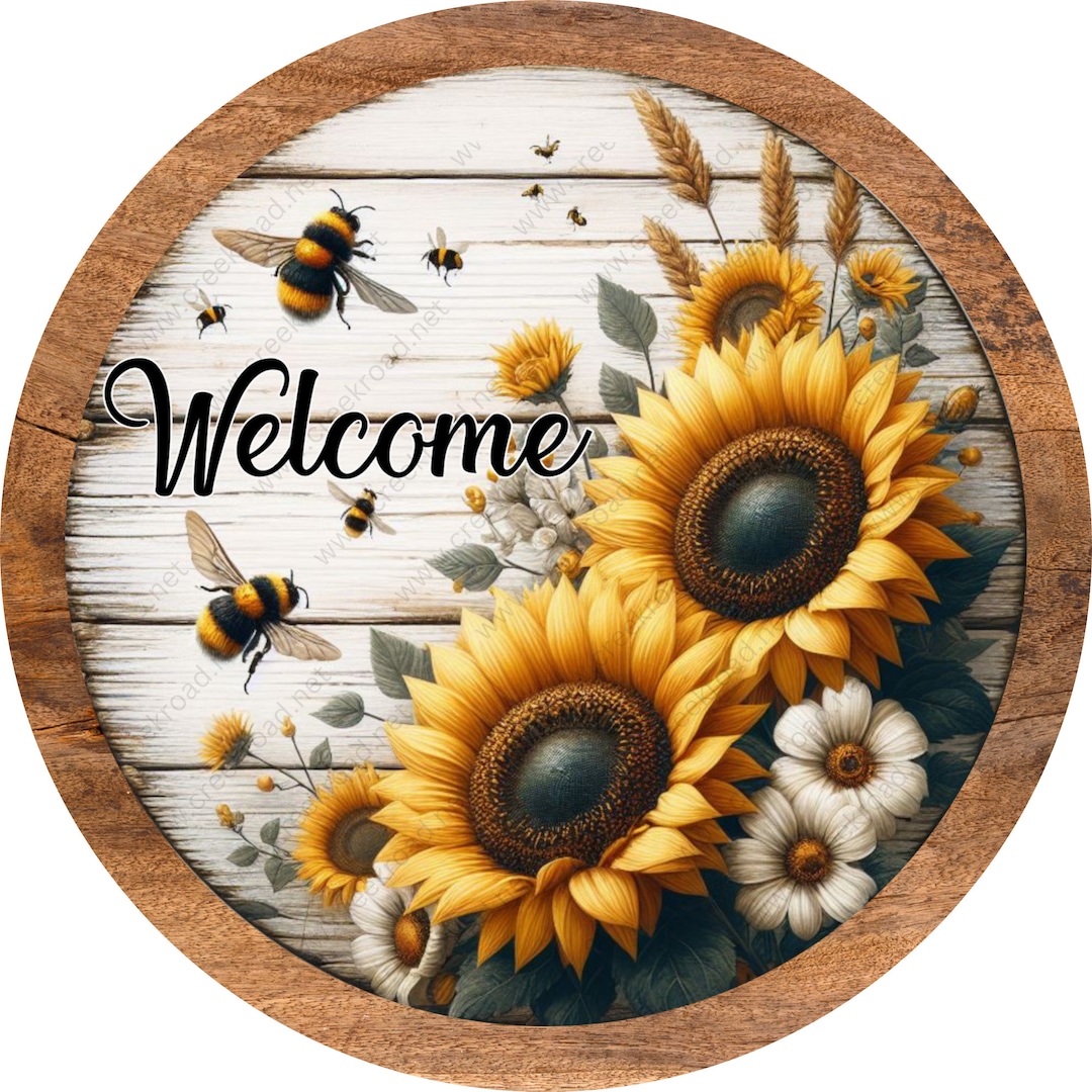 Welcome Sunflowers Bees on Shiplap Background Brown Border Spring ...