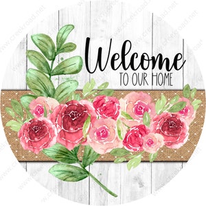 Welcome to Our Home Watercolor Pink Flowers on Shiplap Burlap ...