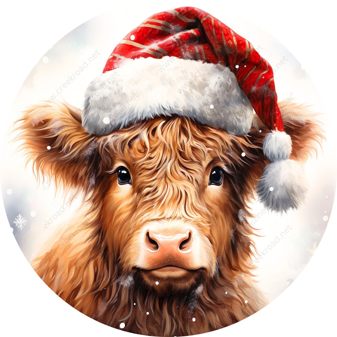Christmas Highland Cow With Santa Hat Wreath Sign-sublimation-round ...