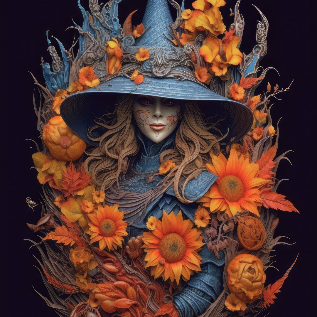 Halloween Blue Witch in Orange Sunflowers Wreath Sign-10"x10" Square ...