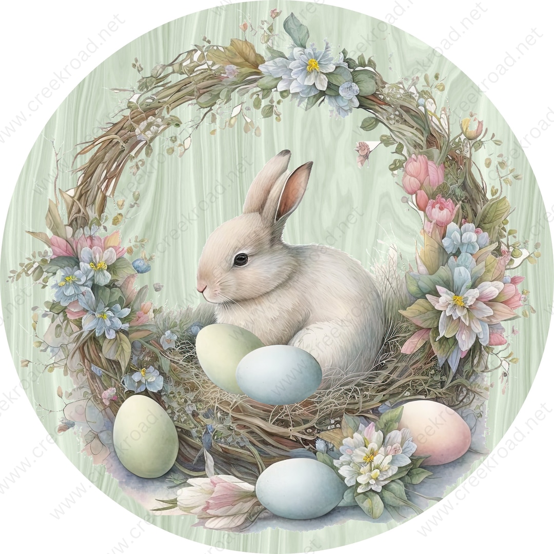 Easter Bunny Resting in Straw Basket With Eggs on Mint Green Background ...