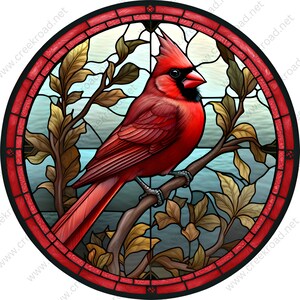 Vibrant Red Cardinal on Limb Faux Stained Glass Wreath Sign-round ...