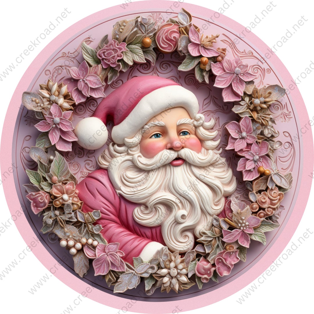Pink Santa Claus Floral Border Wreath Sign-sublimation-round-christmas ...