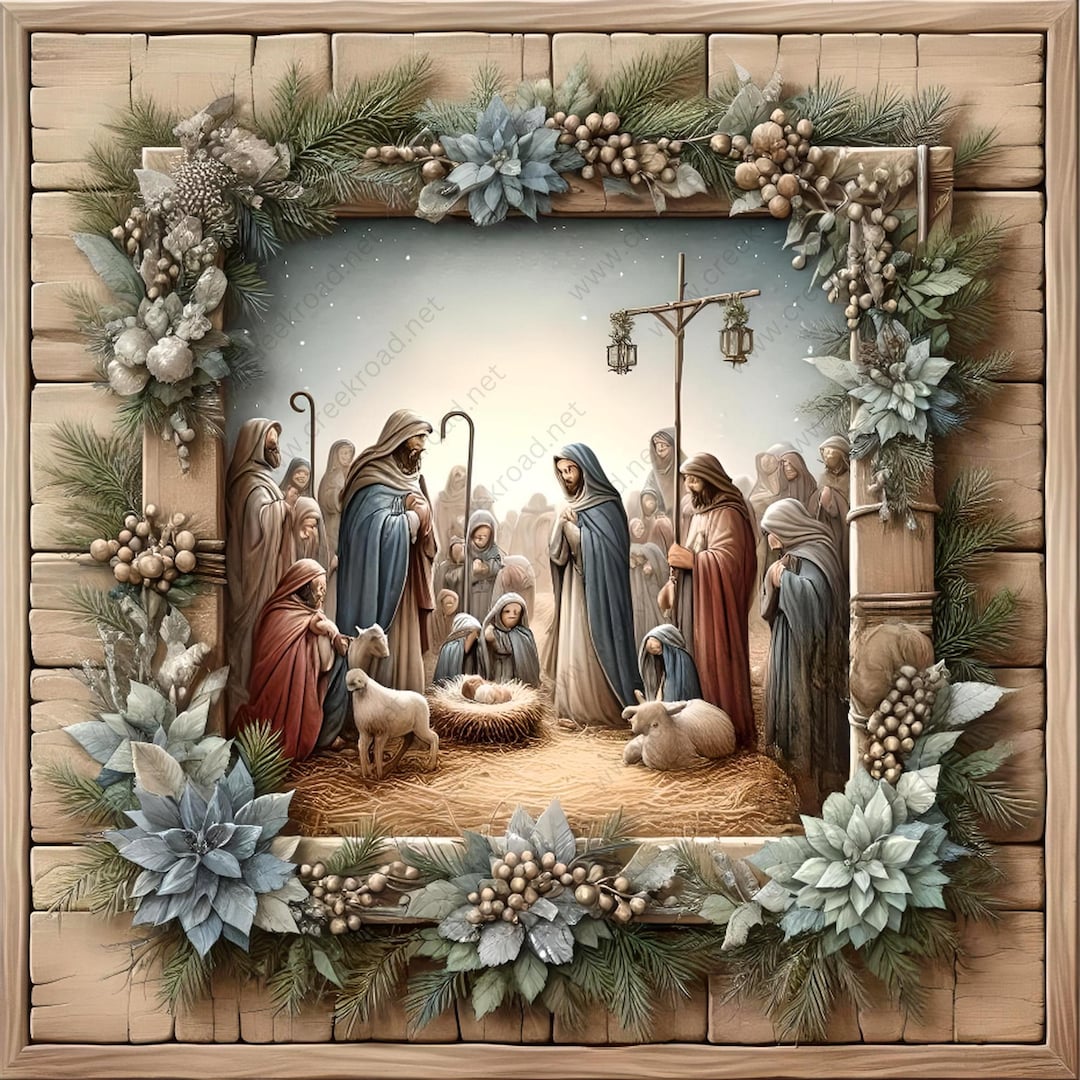 Bethlehem Christmas Nativity Scene Framed With Blue Poinsettias Wreath ...