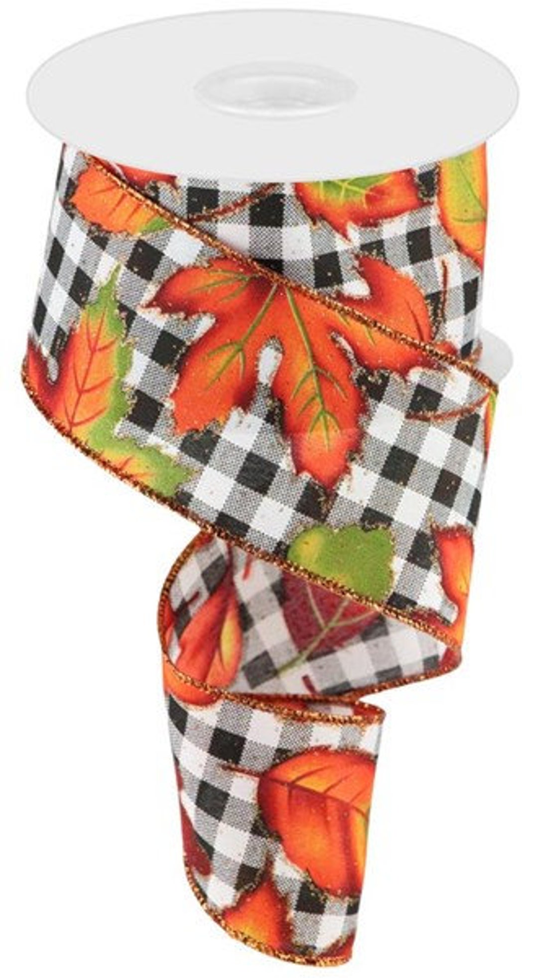 2.5" X 10yd Wired Ribbon-autumn Leaves Black White Check-rgc167627-fall ...