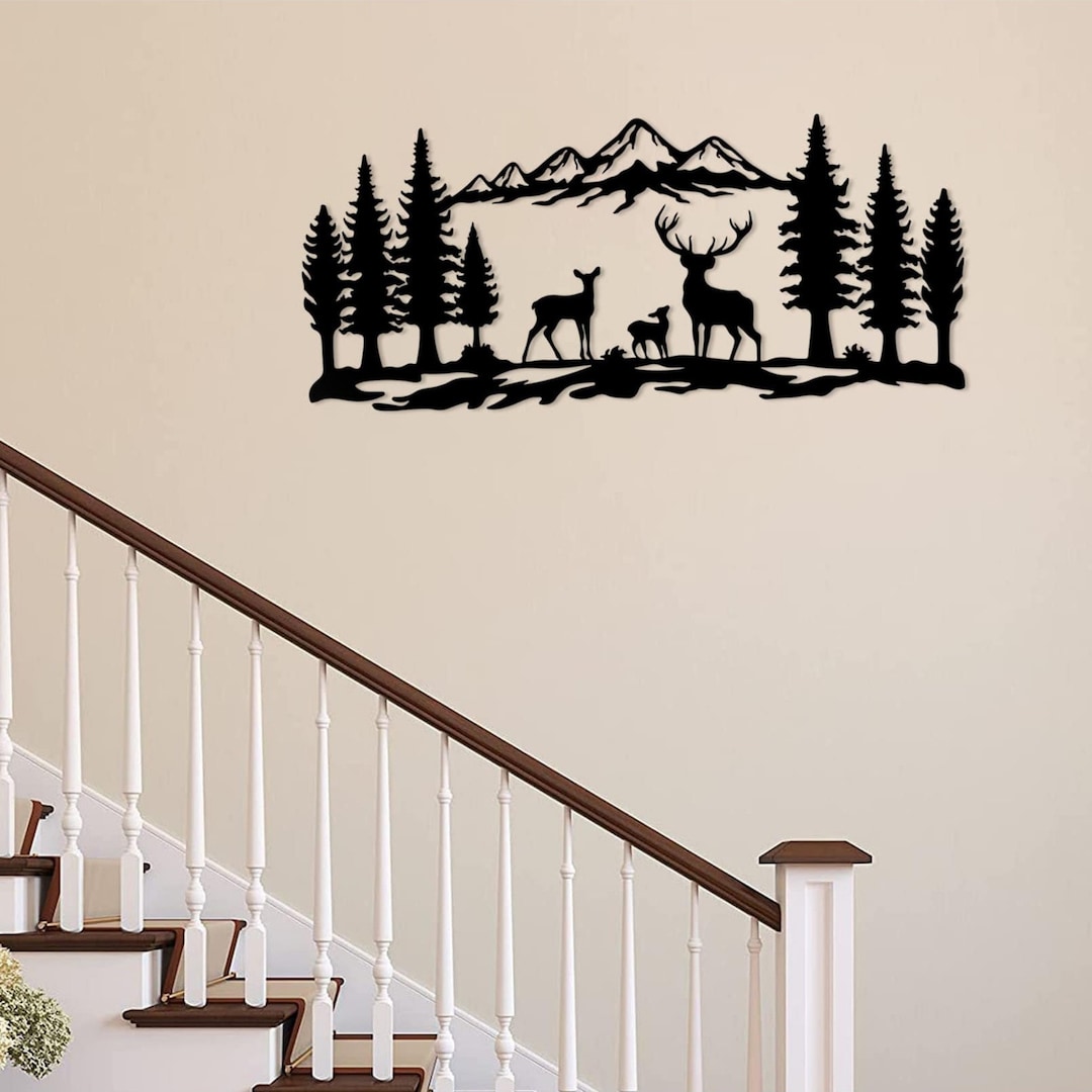 Metal Deer Wall Decor, Tree Mountain Wall Art, Nature View Wall Art ...