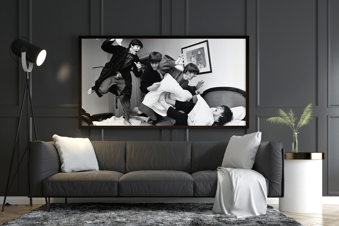The Beatles Pillow Fight Print, Vintage Music Poster, Black and White ...