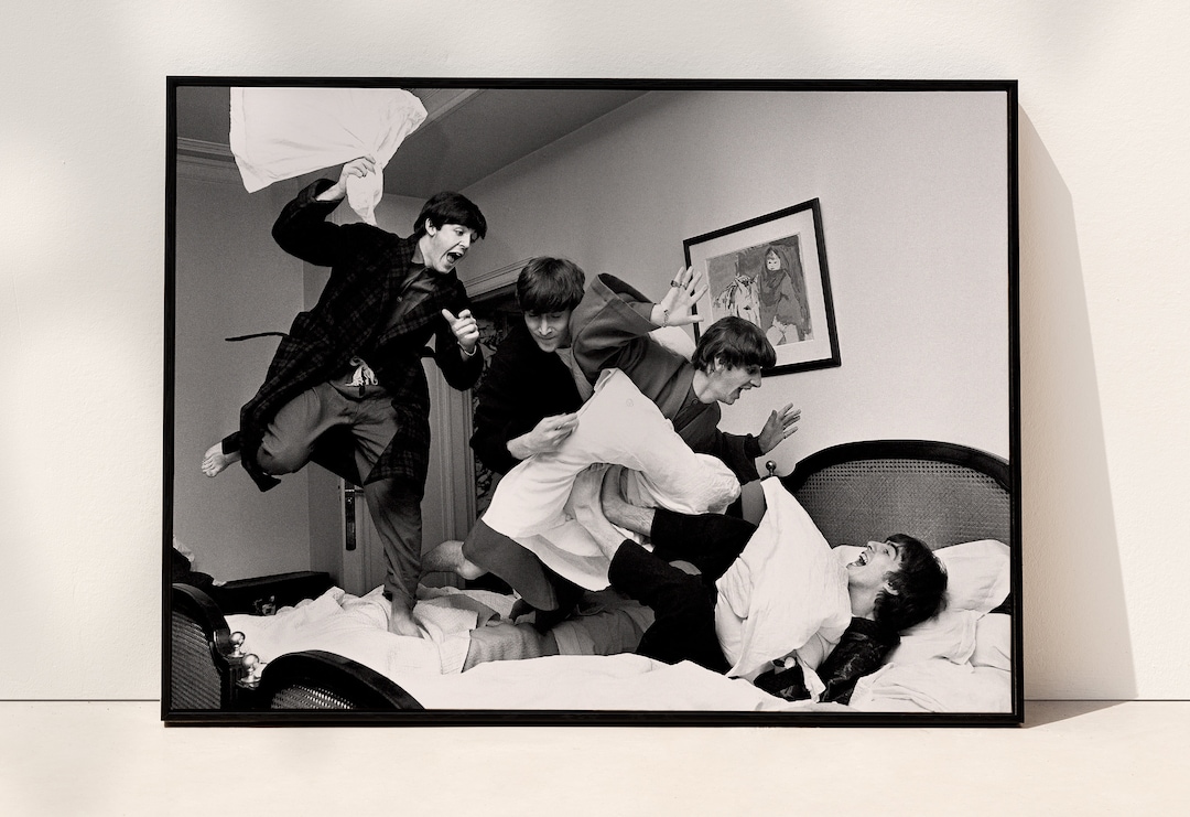 The Beatles Pillow Fight Print, Vintage Music Poster, Black and White ...