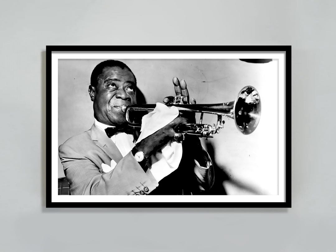 Louis Armstrong Playing Jazz Poster, Black and White, Vintage Photo ...