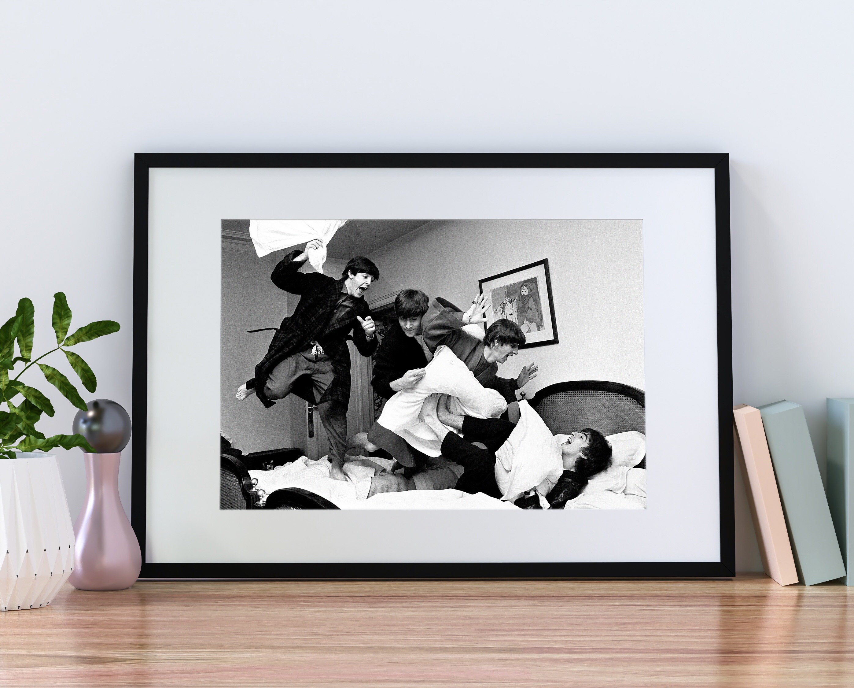 The Beatles Pillow Fight Print, Vintage Music Poster, Black and White ...
