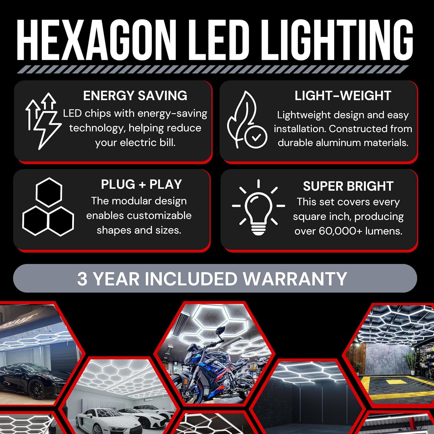 Hexagon LED Garage Lighting Honeycomb Lights Set of 14 Hexagons W ...
